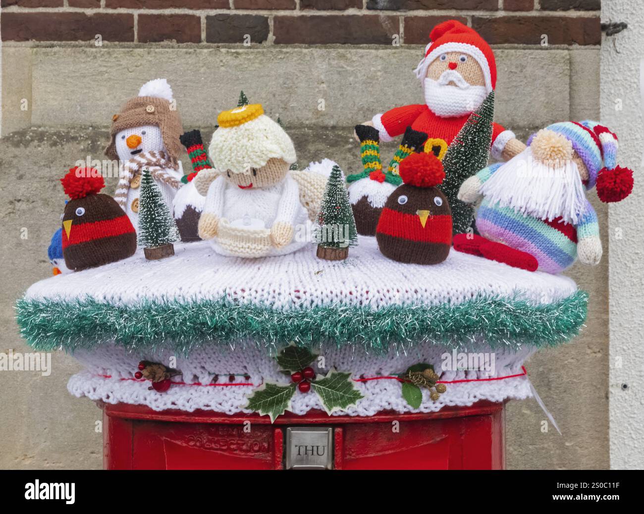 England, Kent, Dover, Red Postbox Knitted Topper depicting Winter Scene ...