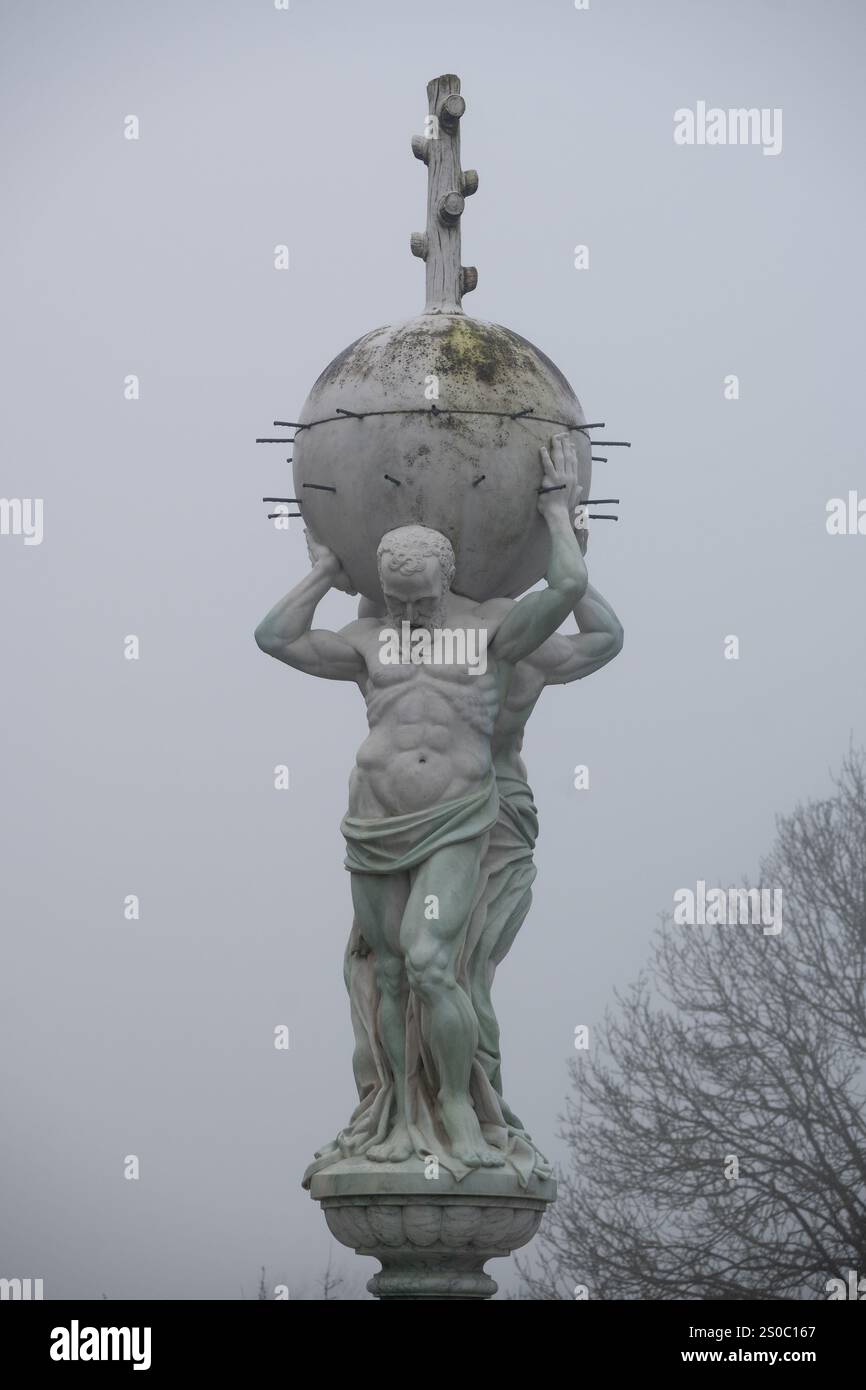 The Atlas Fountain in winter, Kenilworth Castle, Warwickshire, England ...