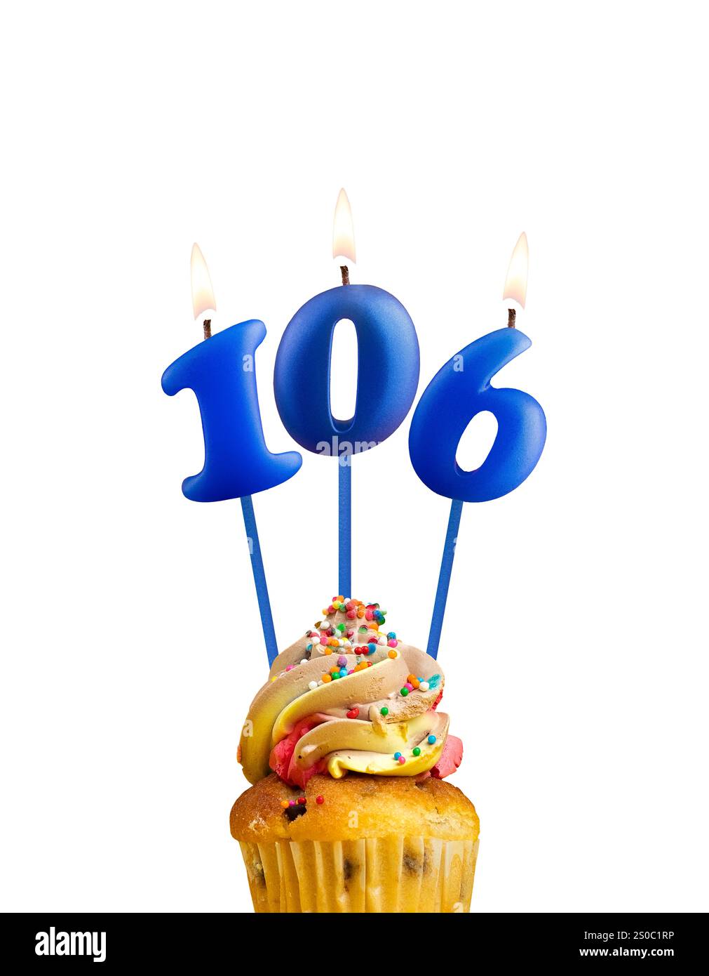 Candle in shape of the number 106 - Blue birthday on a white background ...