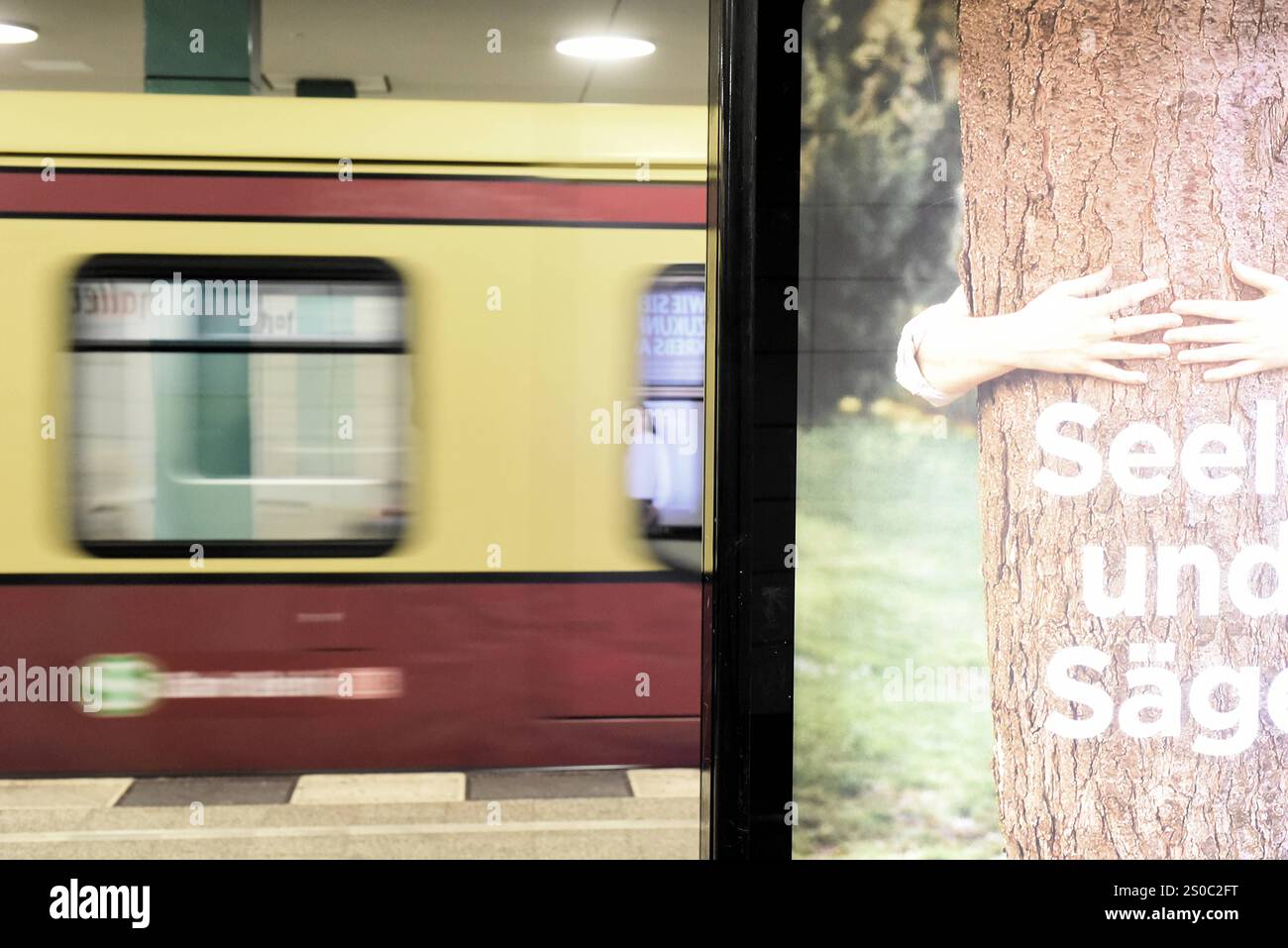 Auf einer Werbetafel am Bahnsteig S-Bahn ist ein Baum zu sehen, der ...