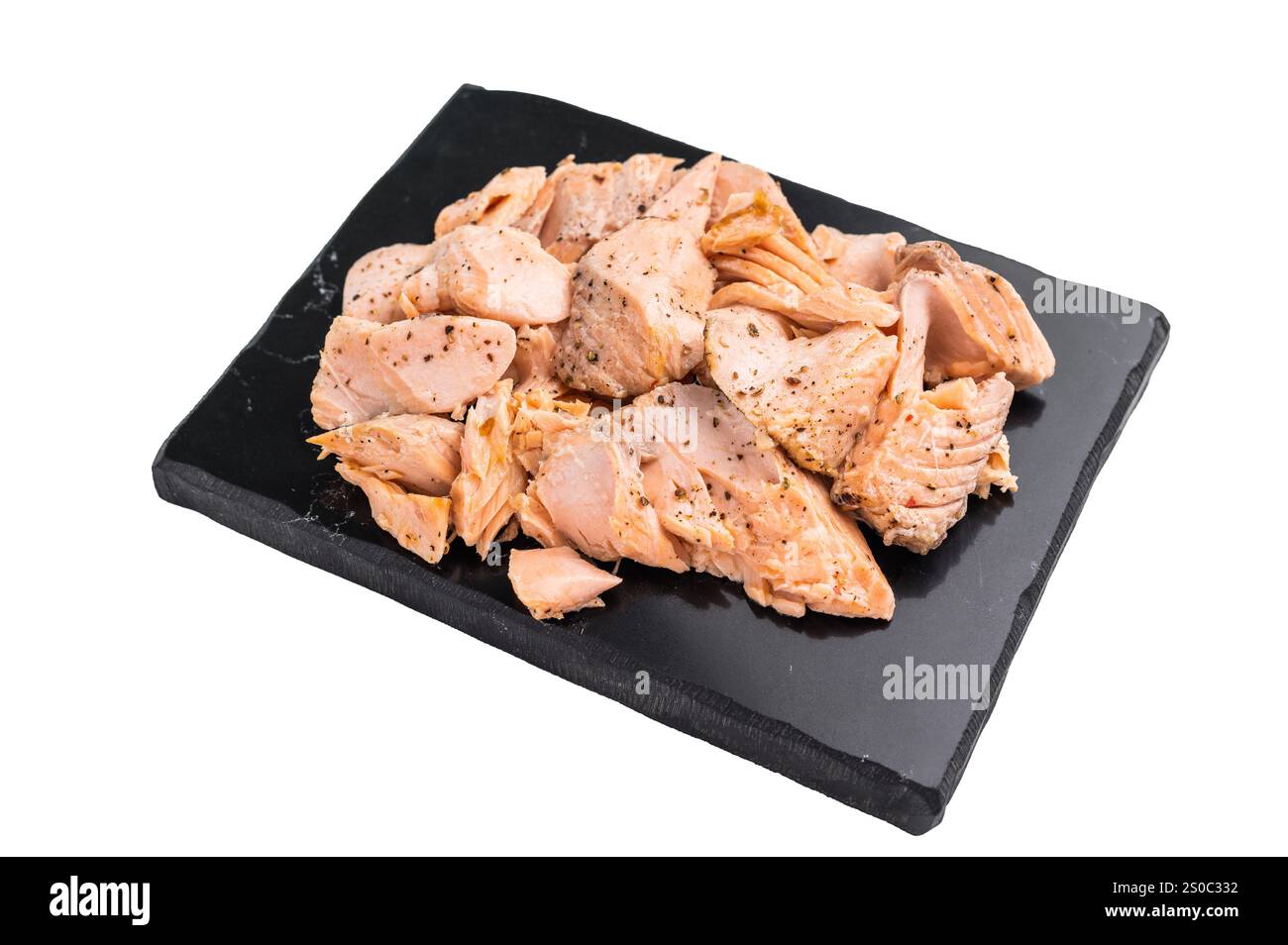 Pulled salmon roast fillets isolated on white background. Top view ...