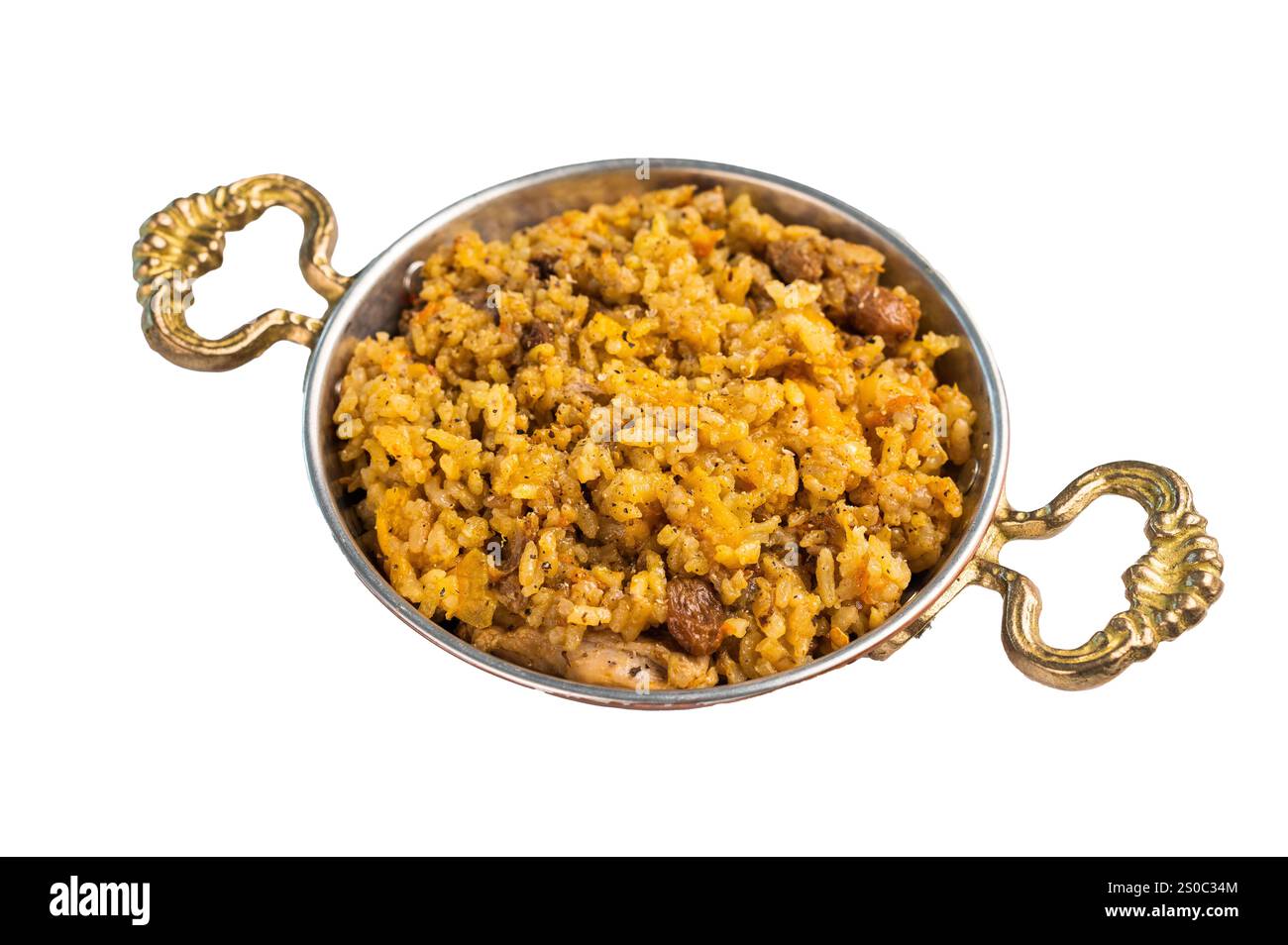 Pilaf with beef and lamb meat, vegetables in a skillet isolated on ...