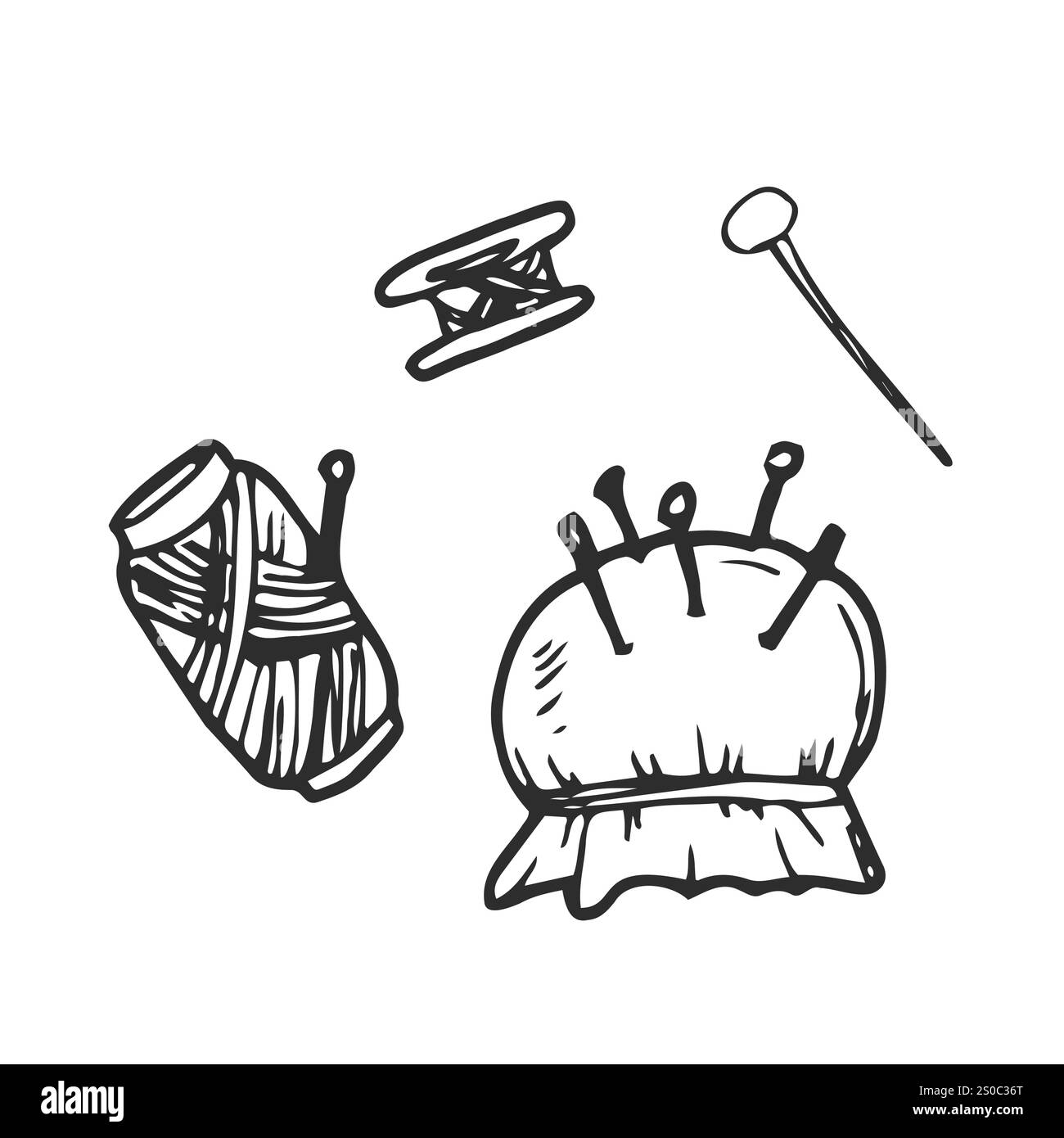 Vector graphic set of hand drawn sewing tools. Sewing kit illustration ...