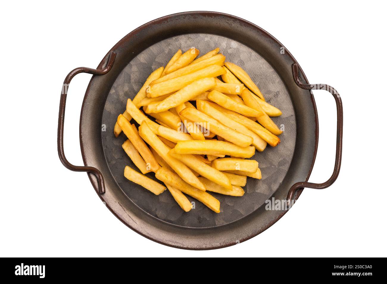 Homemade golden french fries in a tray isolated on white background ...