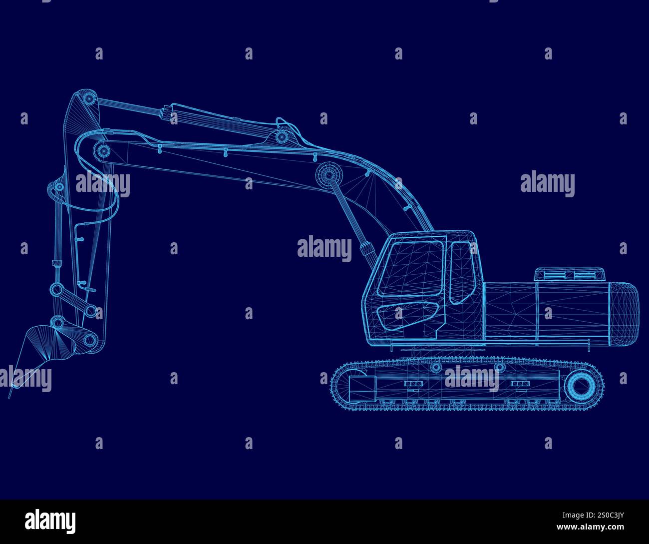 Blue drawing of a large construction vehicle. The drawing is in blue ...
