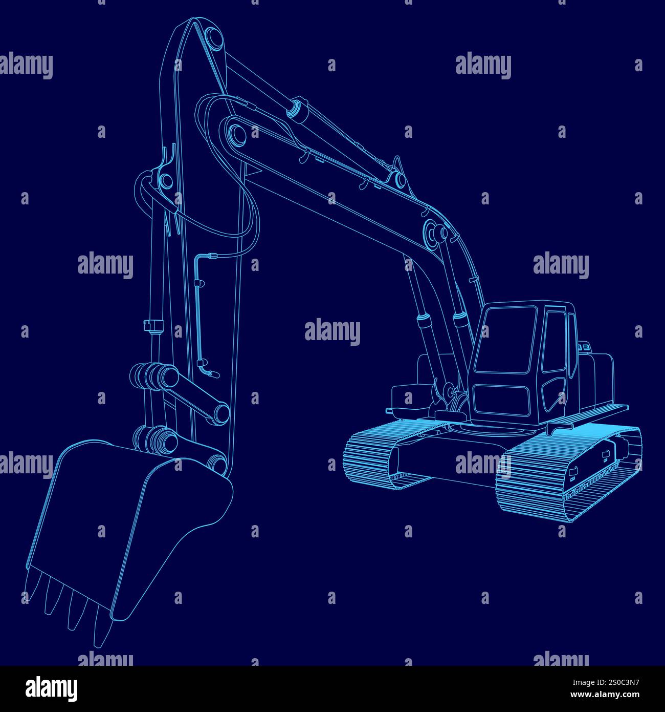 Blue drawing of a large construction machine. The drawing is of a large ...