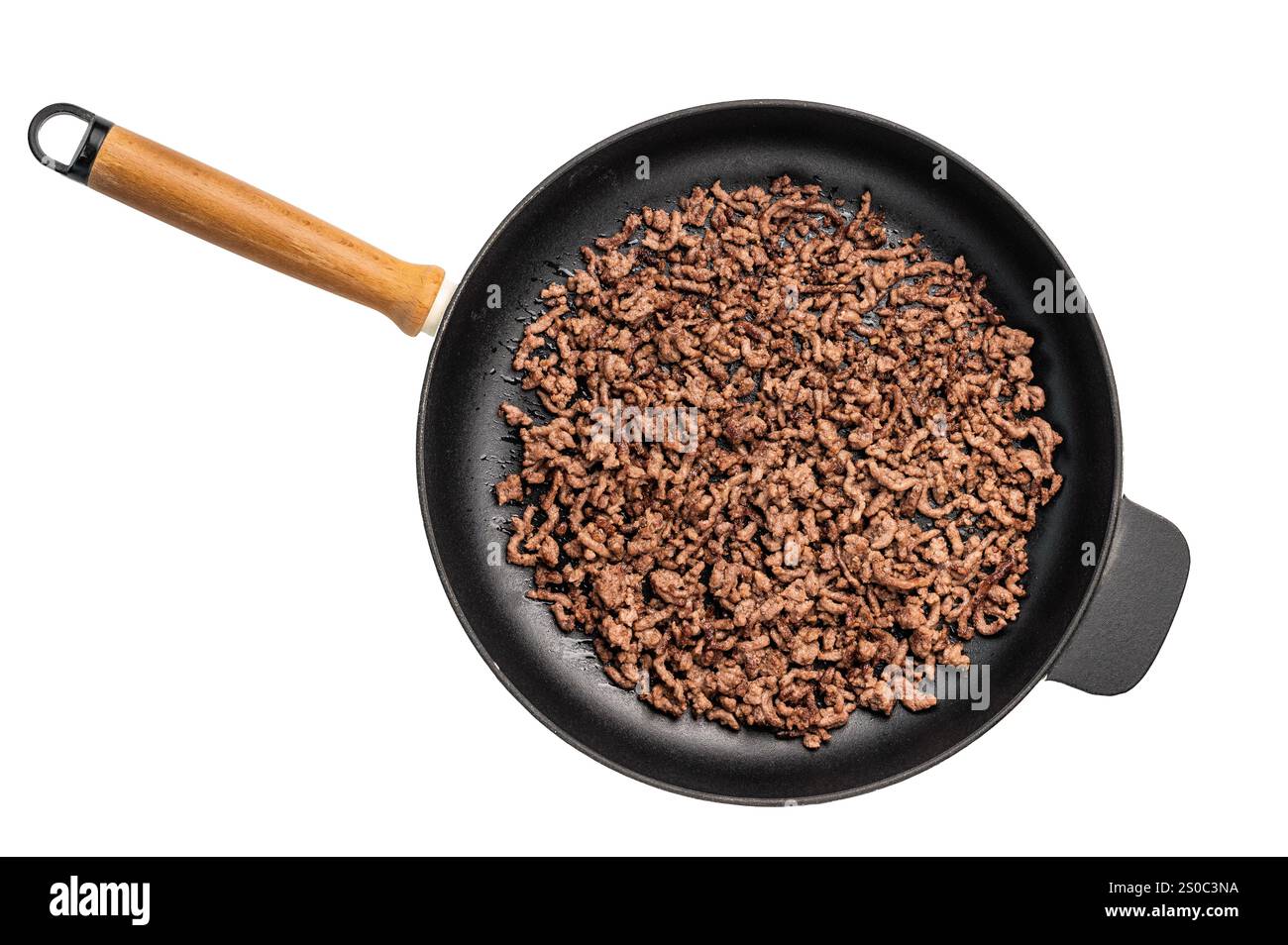 Frying Pan with fried mince beef meat, fresh cooked forcemeat isolated ...