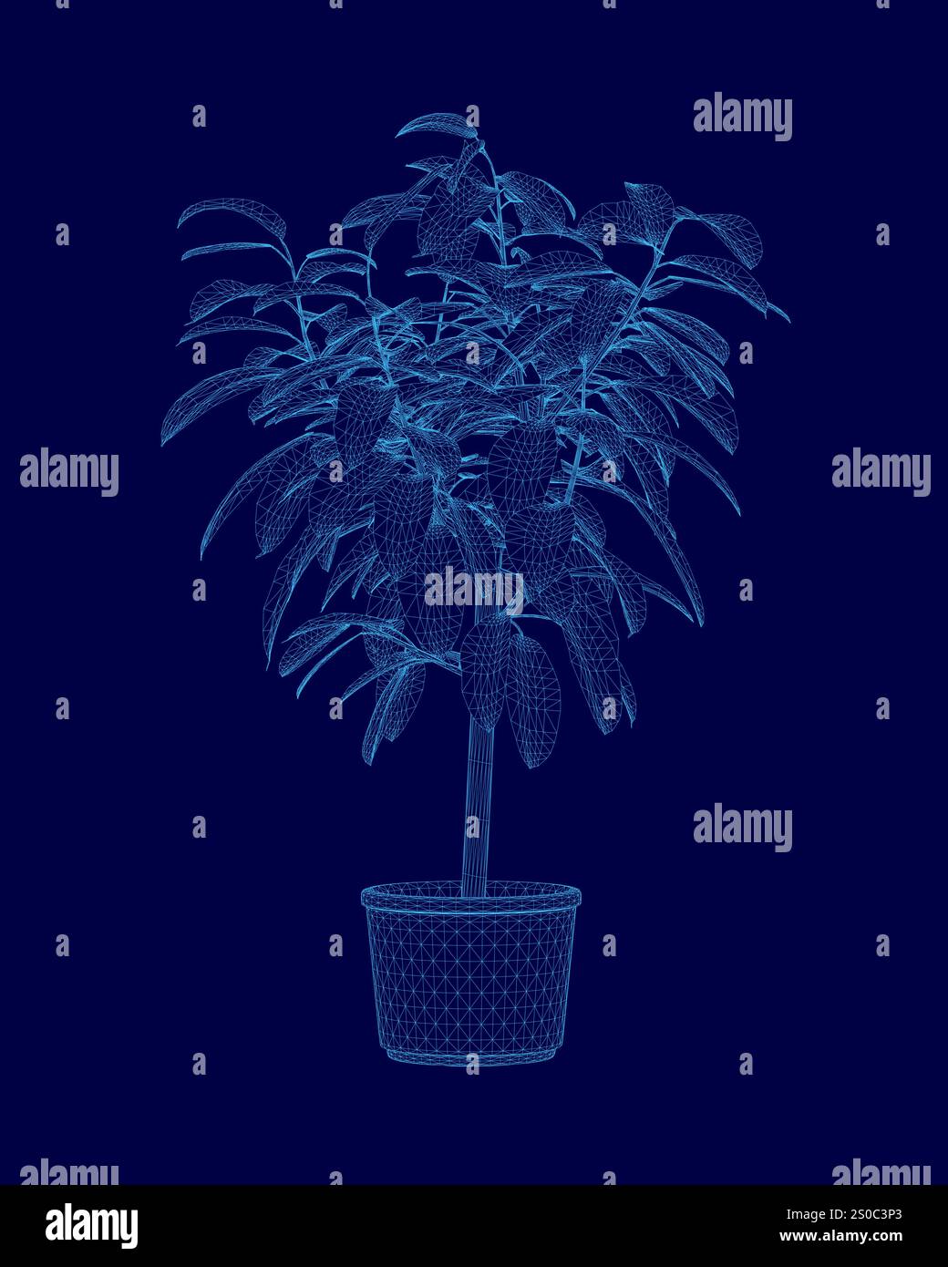 Blue image of a plant in a pot. The image is a digital drawing of a ...
