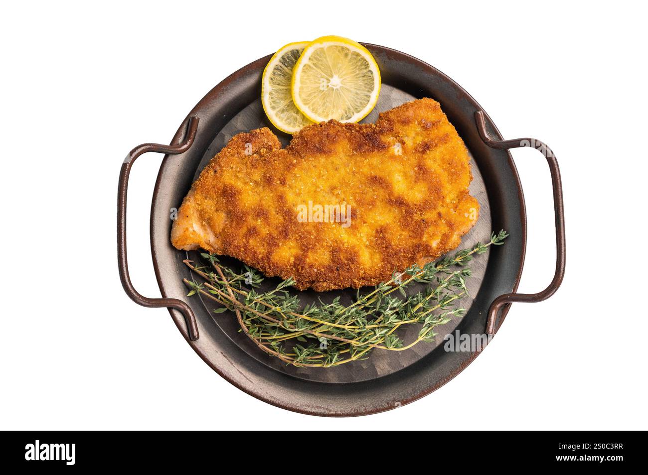 German weiner pork schnitzel steak, fried meat isolated on white ...
