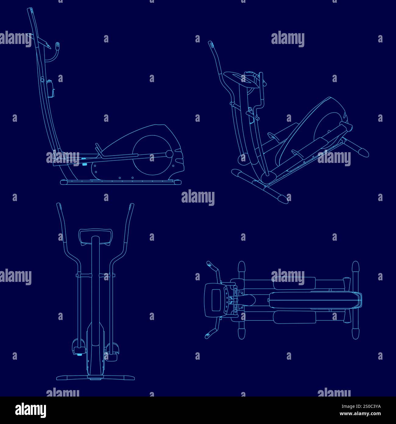 Blue image of a stationary bike with a handlebar. The bike is shown ...