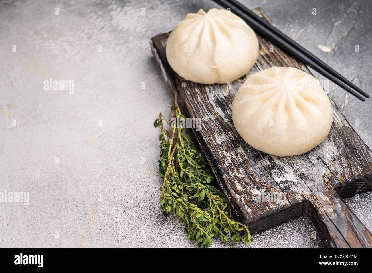 Traditional Dumpling Momos with meat on wooden board. white background ...