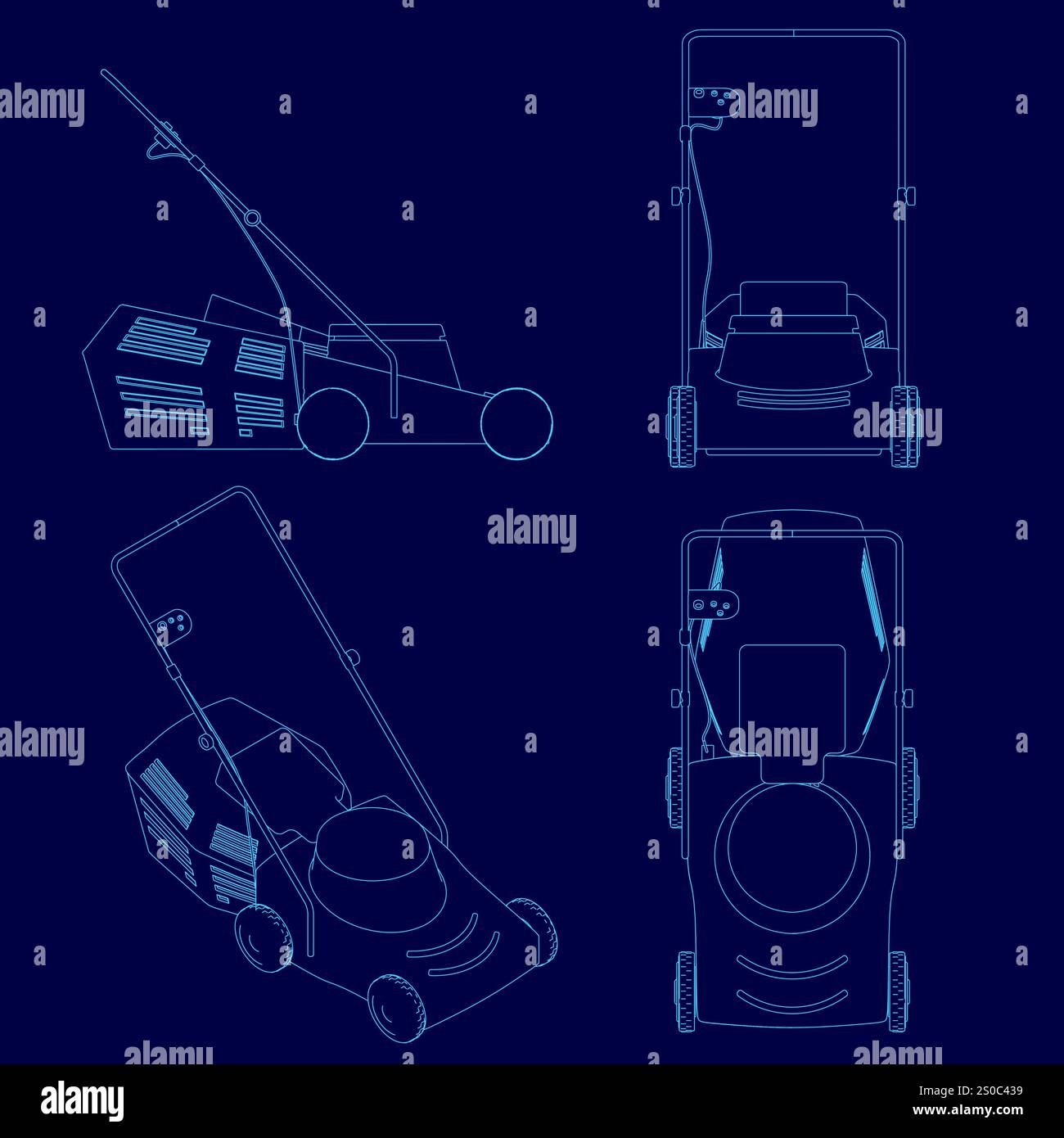 Close up of a lawn mower with a handle and a lawn mower blade. The lawn ...