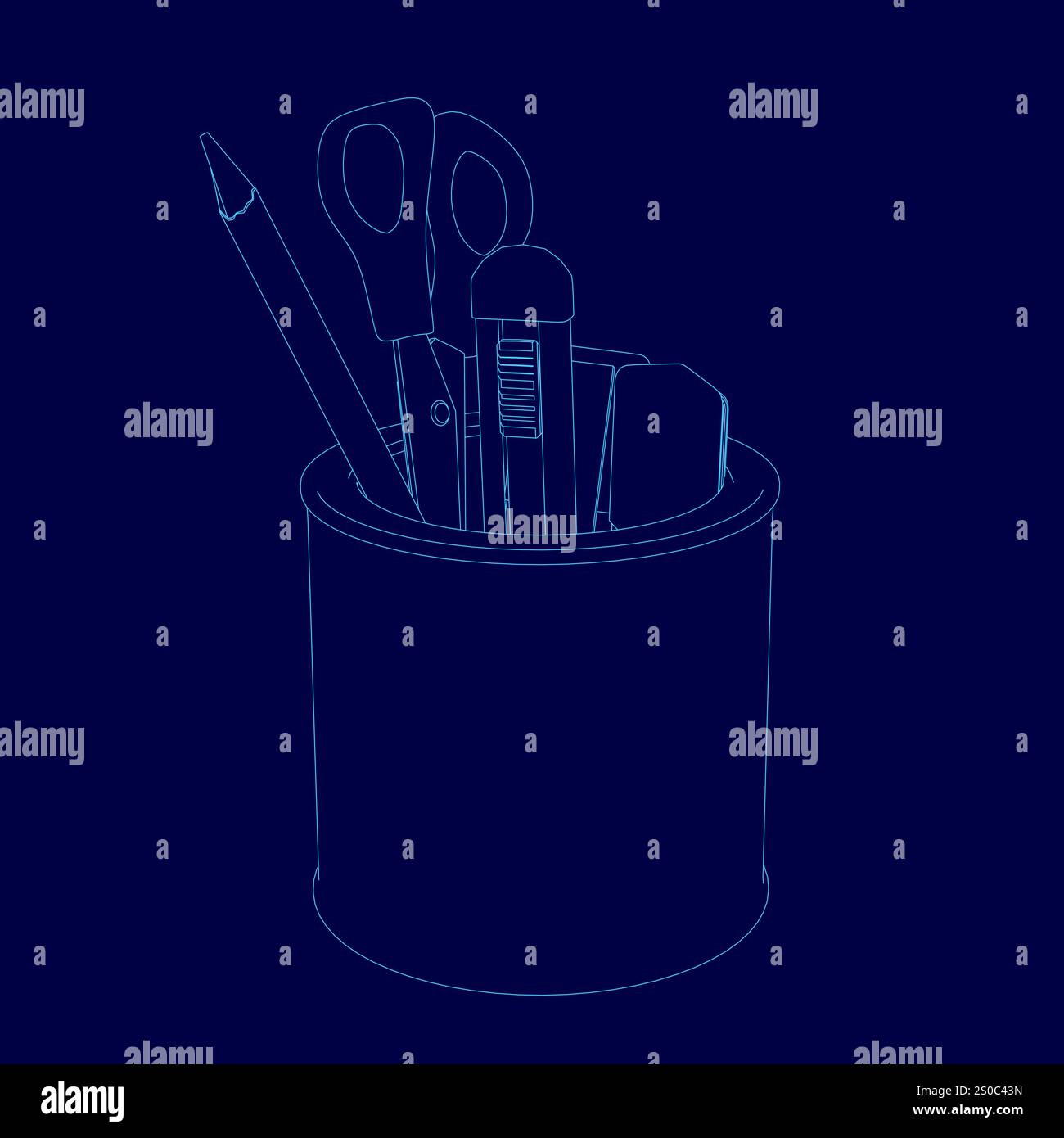 Blue container with a pencil, scissors, and a ruler inside. The pencil ...