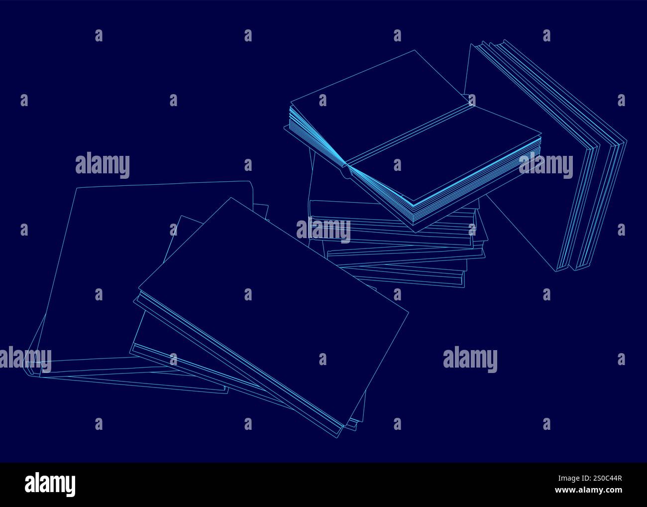 Stack of books with the top one open. The books are blue. The stack is ...