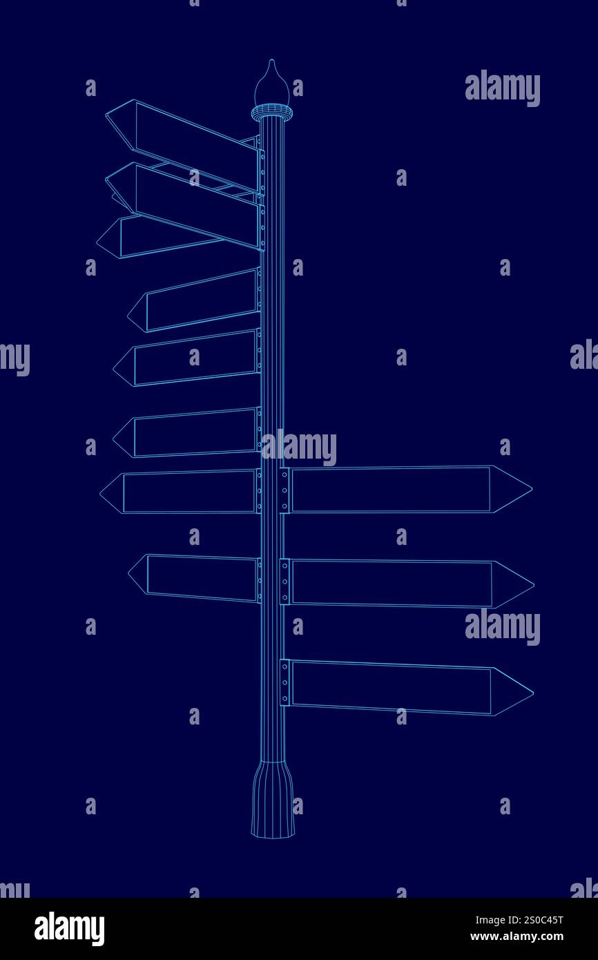 Blue sign with a pole and a series of arrows pointing in different ...