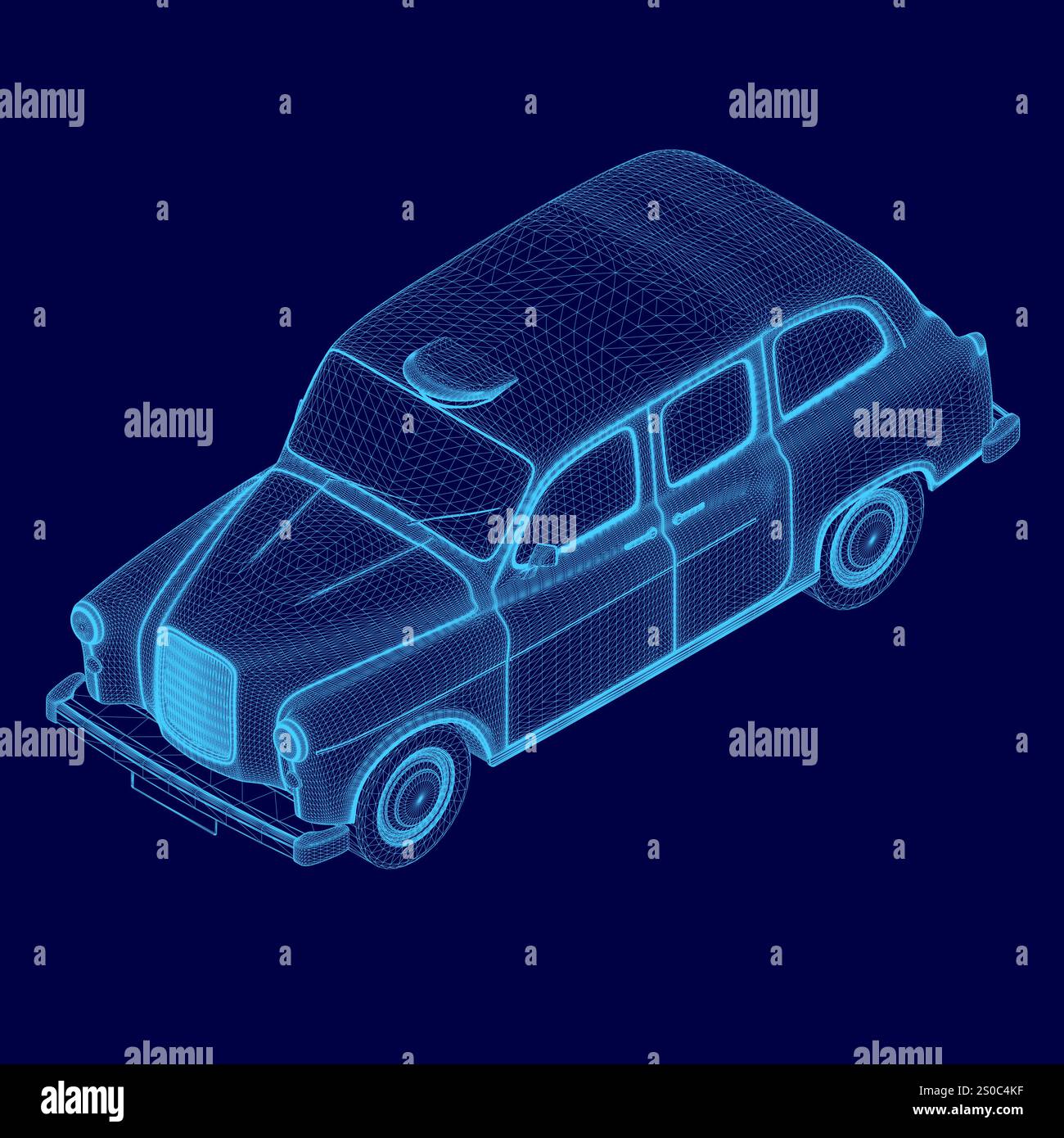 Blue car with a taxi cab on top. The car is a vintage model and is ...