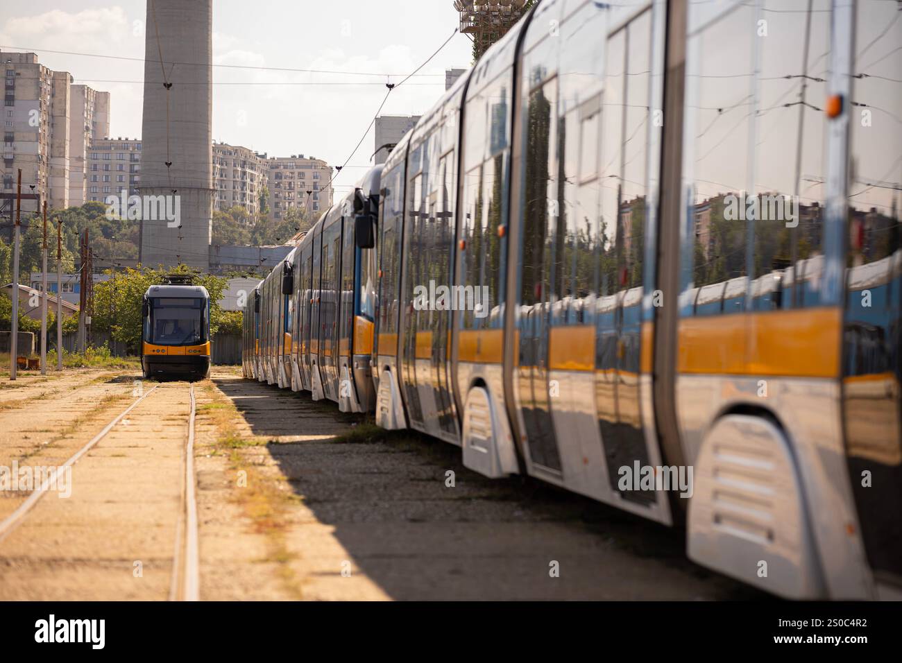 Trolley cars in a tram depot Stock Photo - Alamy
