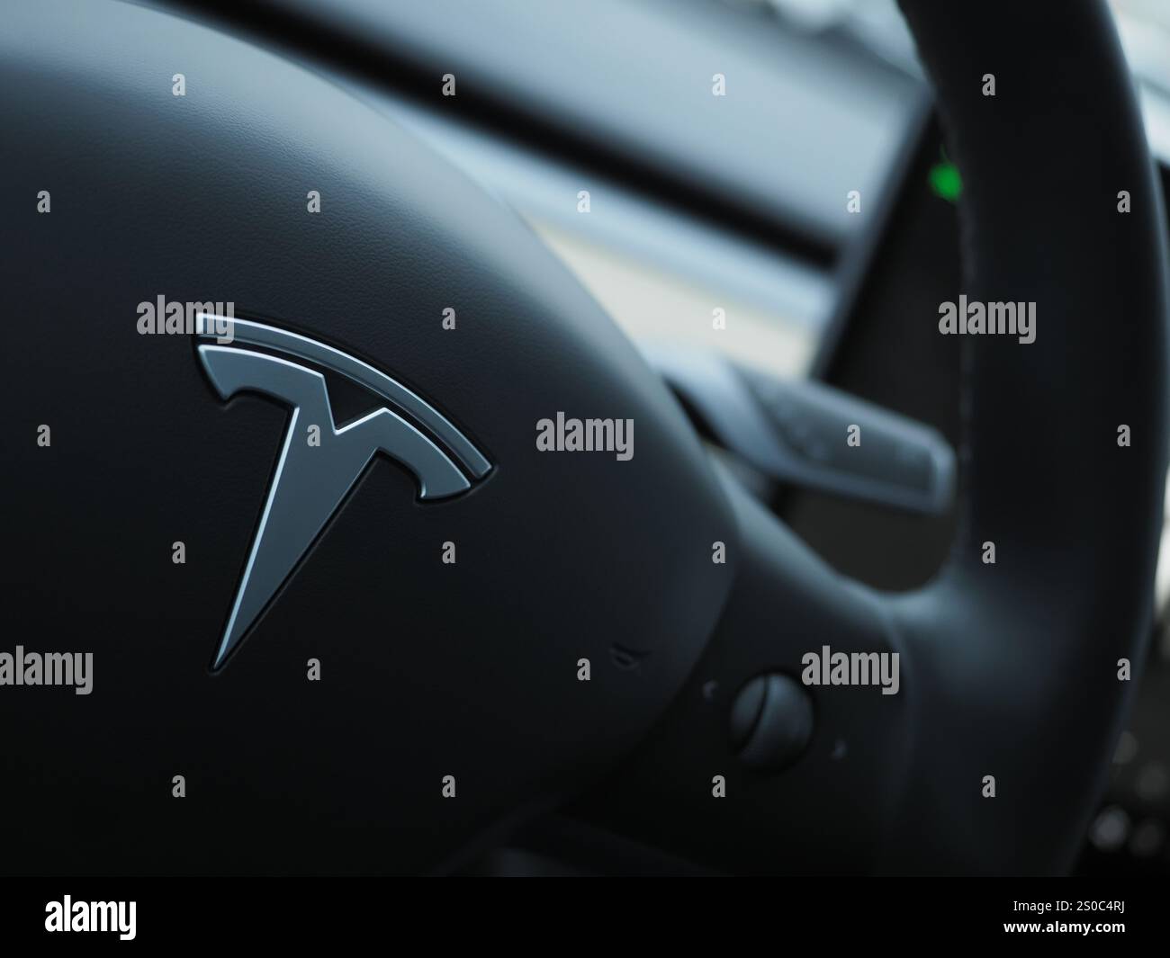 Galati, Romania - December 26, 2024: Tesla logo on a Tesla Model Y ...