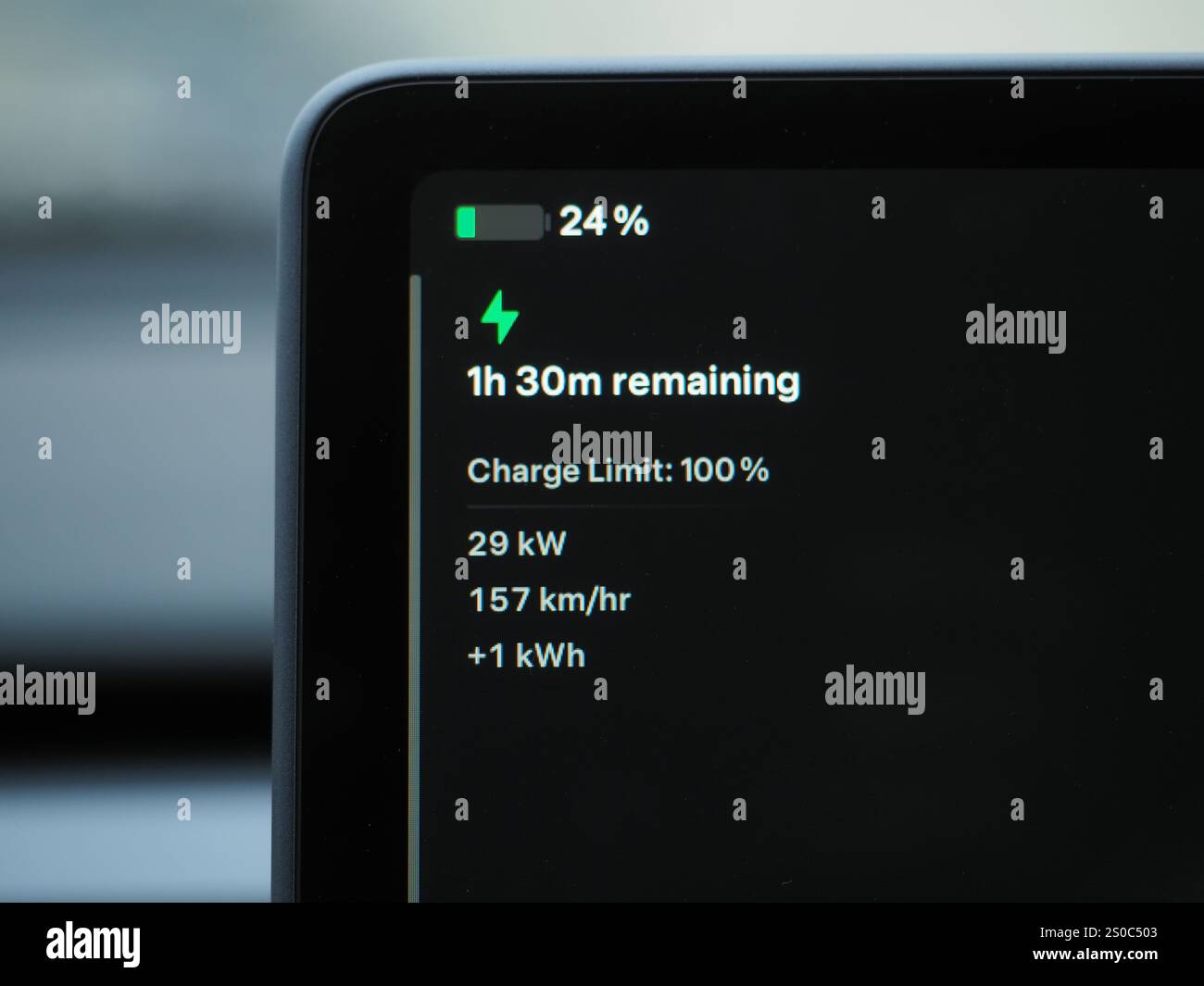 Galati, Romania - December 26, 2024: Tesla model Y display shows ...