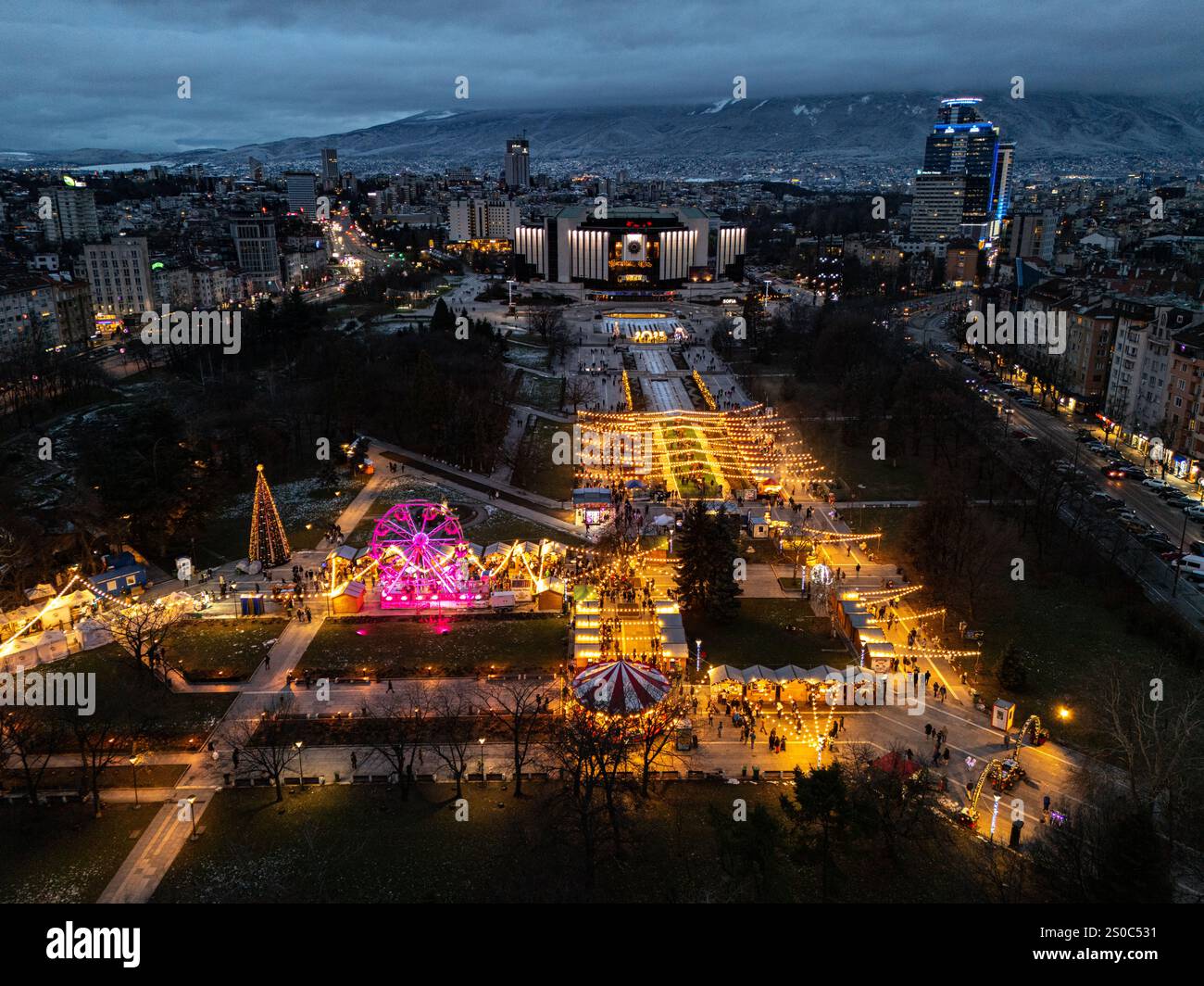 Aerial view of the National Palace of Culture (NDK) in Sofia, Bulgaria, with illuminated ...