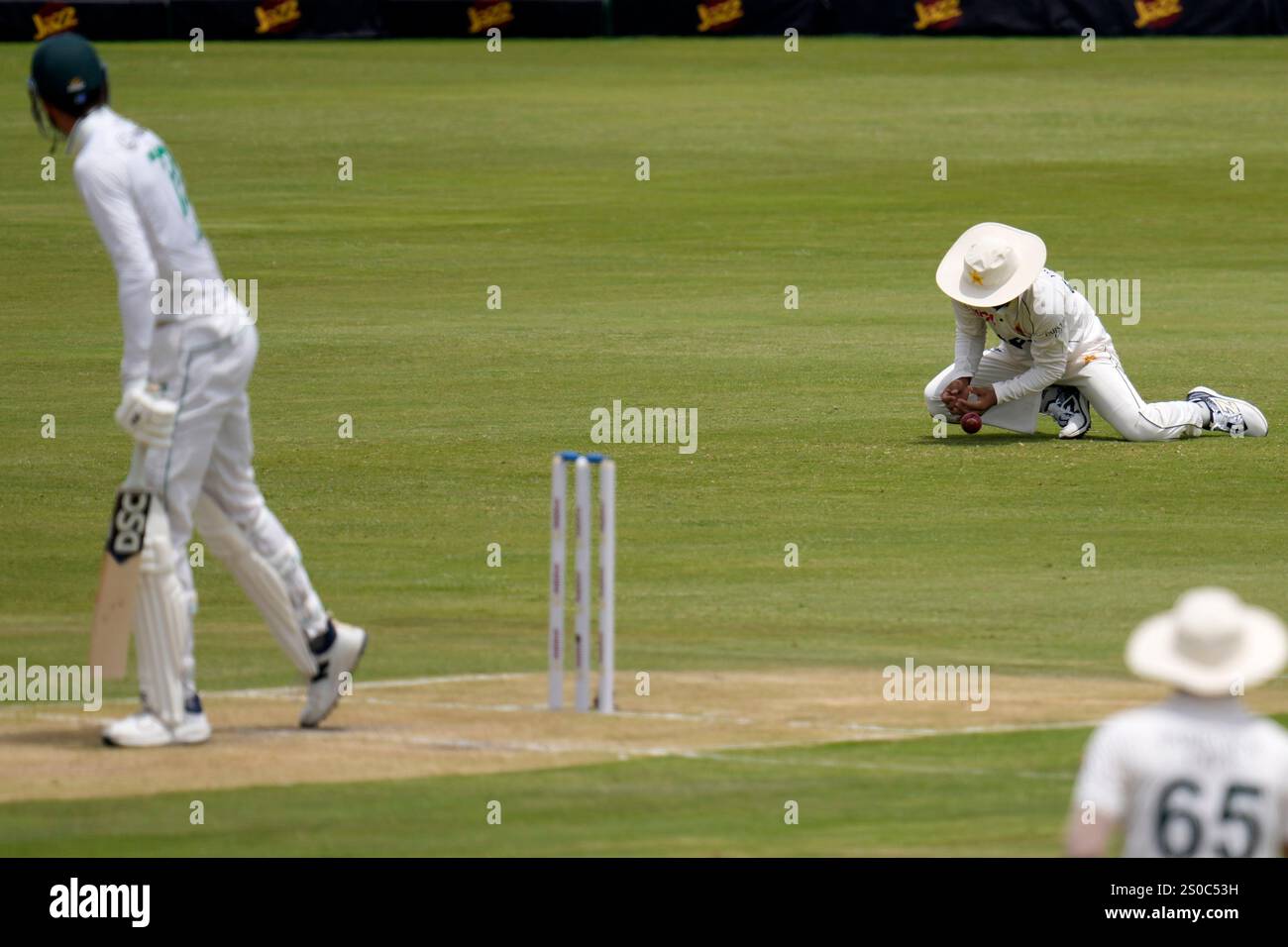 Pakistan's Saim Ayub, top right, drops a catch from South Africa's ...