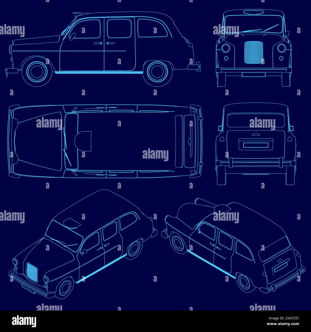 The image is a series of blue drawings of a car. The drawings are of ...