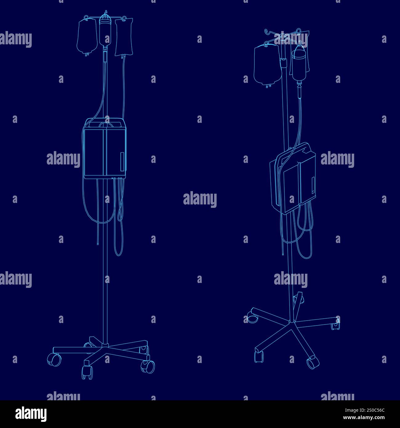 Two medical devices are shown in blue. The first device is a syringe ...