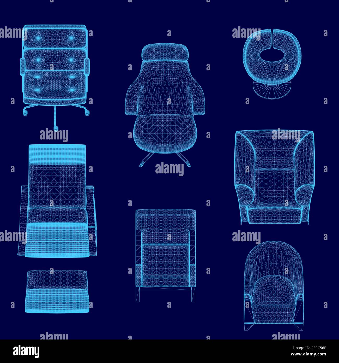 Set of blue chairs with different shapes and sizes. The chairs are ...