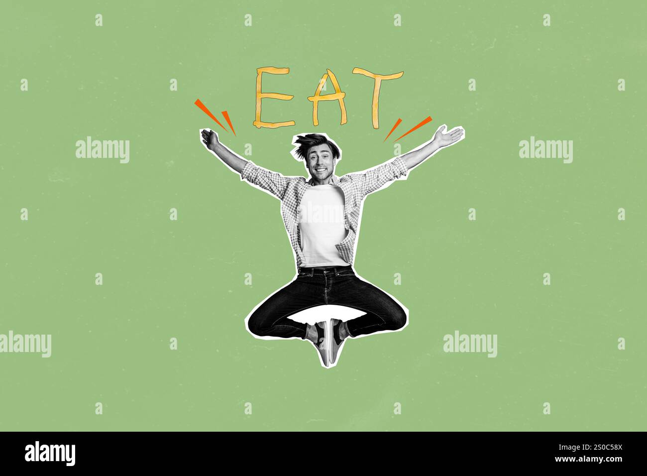 Composite photo collage of excited man jump eat french fries nutrition ...