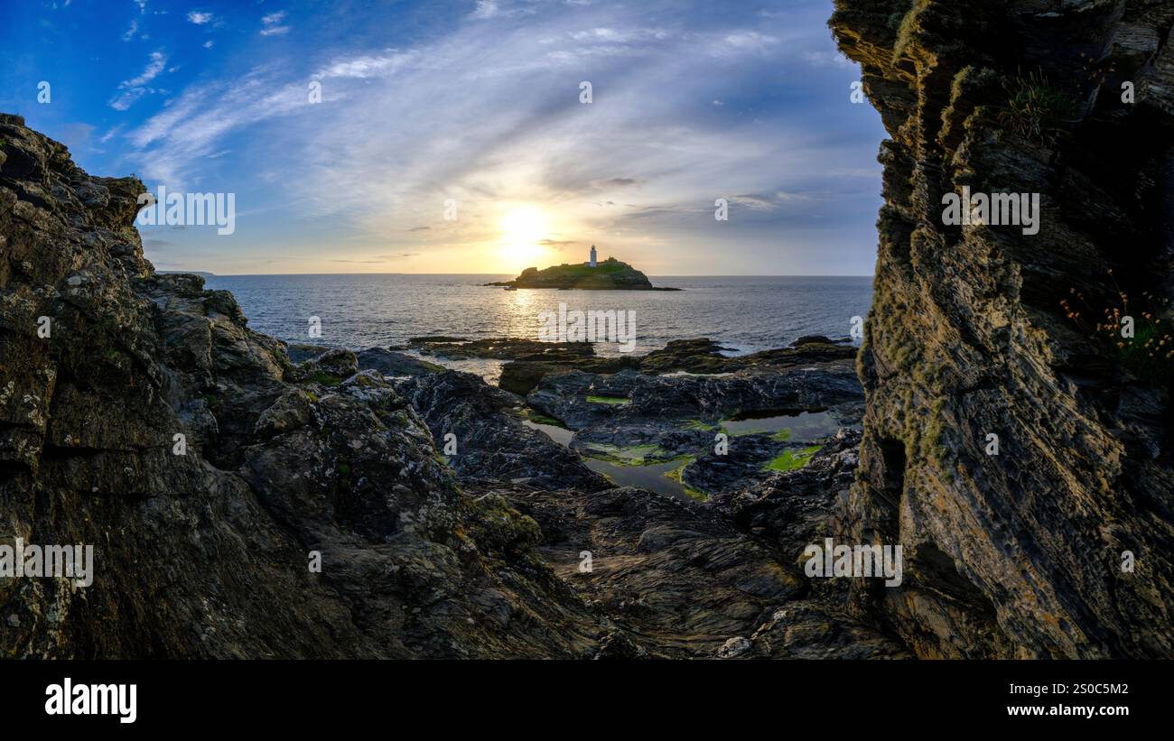 St Ives, UK - July15, 2024: Sunset on Godrevy Island Lighthouse ...