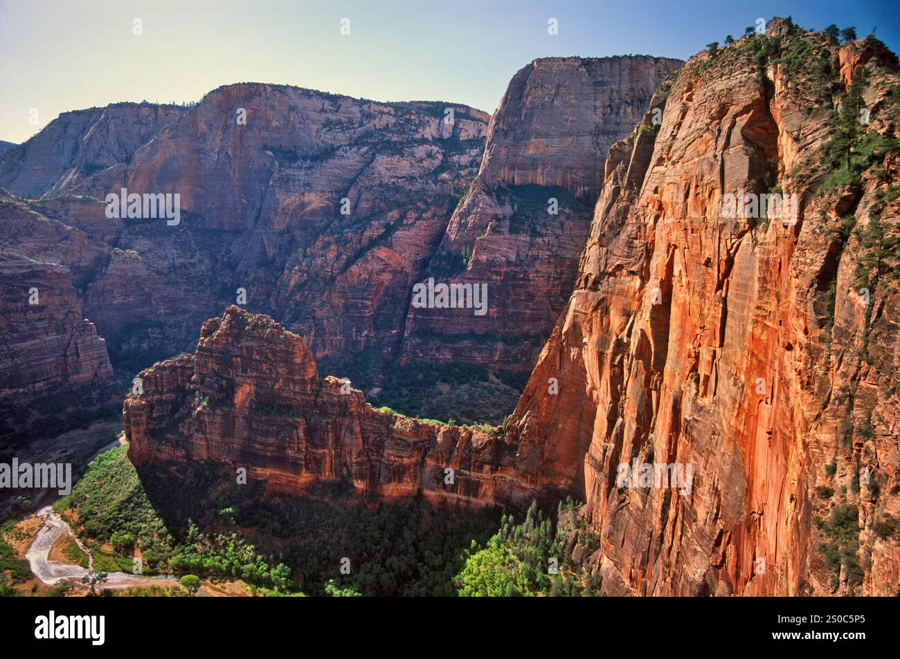 Angels Landing formation, over Virgin River in Zion Canyon, view from ...