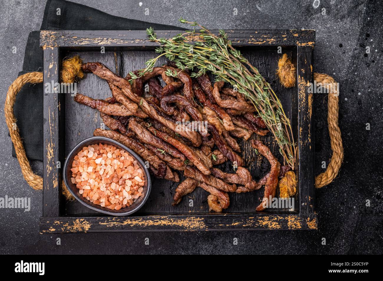 Beef fritter, Deep fried beef tender strips, sliced meat in a tray ...