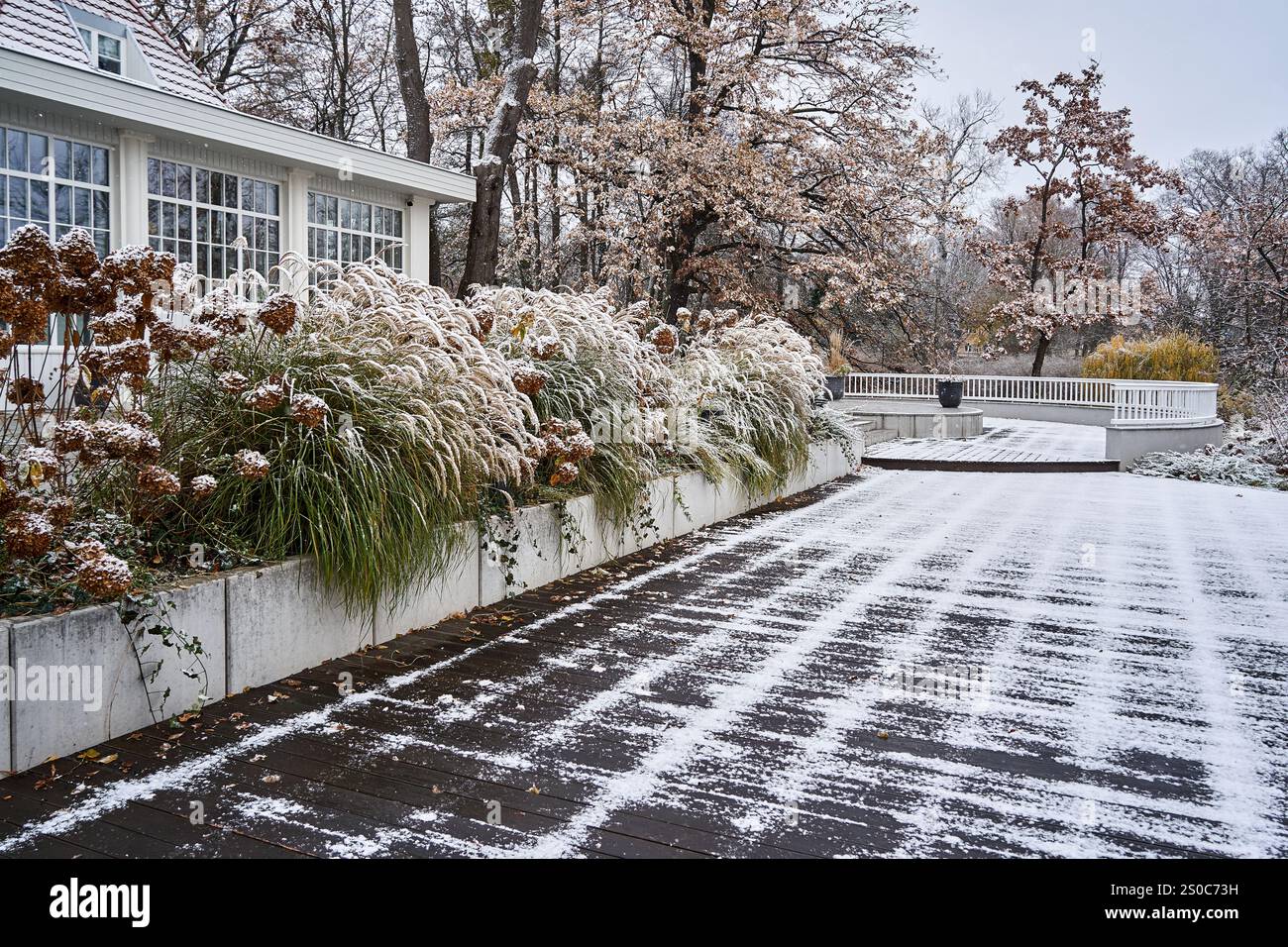 Historic Pavilion and Snow Covered Trees and Bushes in Park in Winter ...