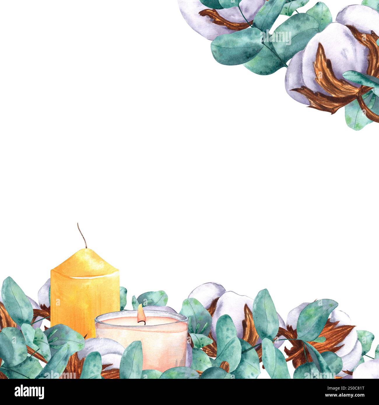 Dry cotton bolls and eucalyptus branches, candles. Square festive frame ...