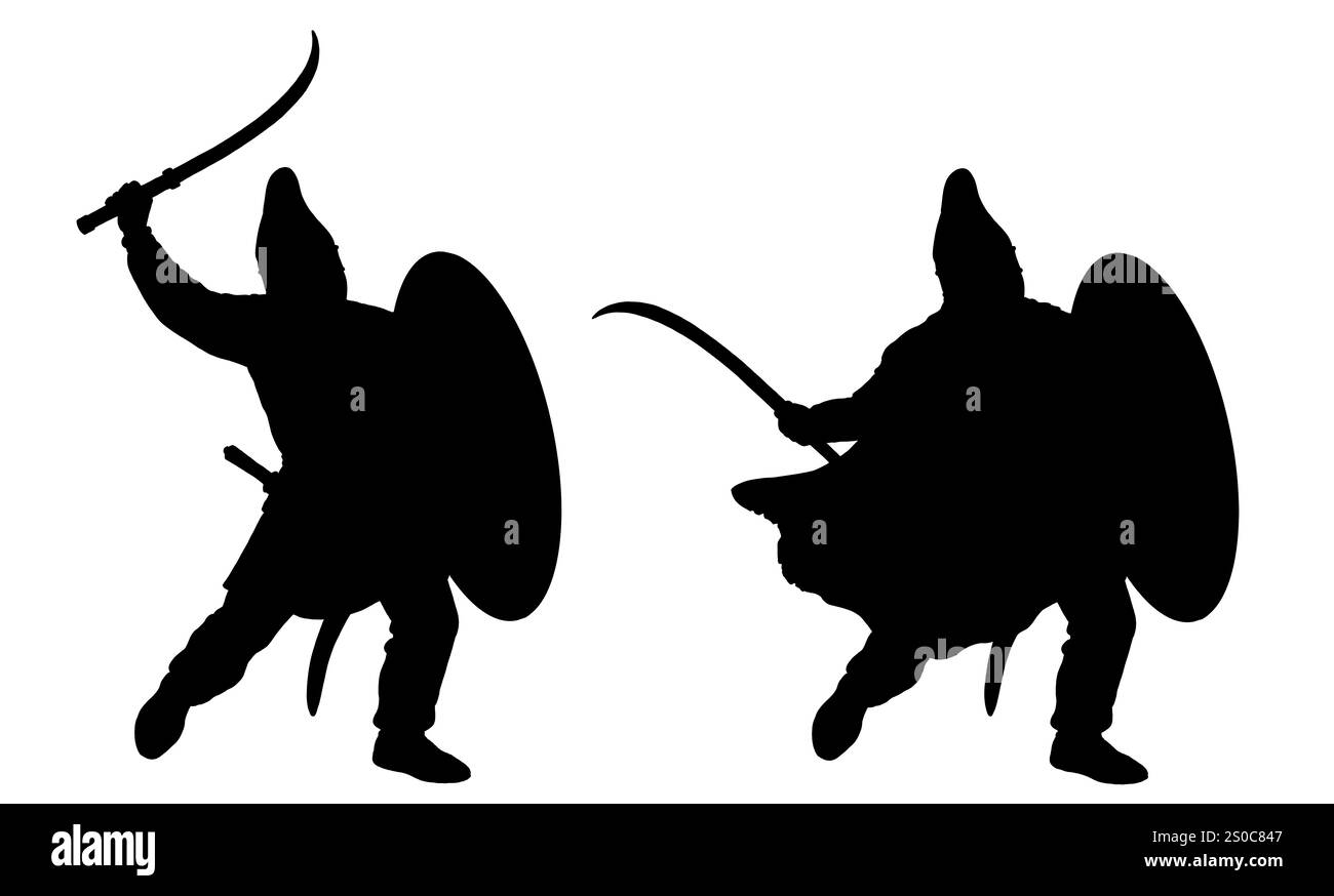 A black silhouette drawing of an ancient warriors. Knight in the attack ...