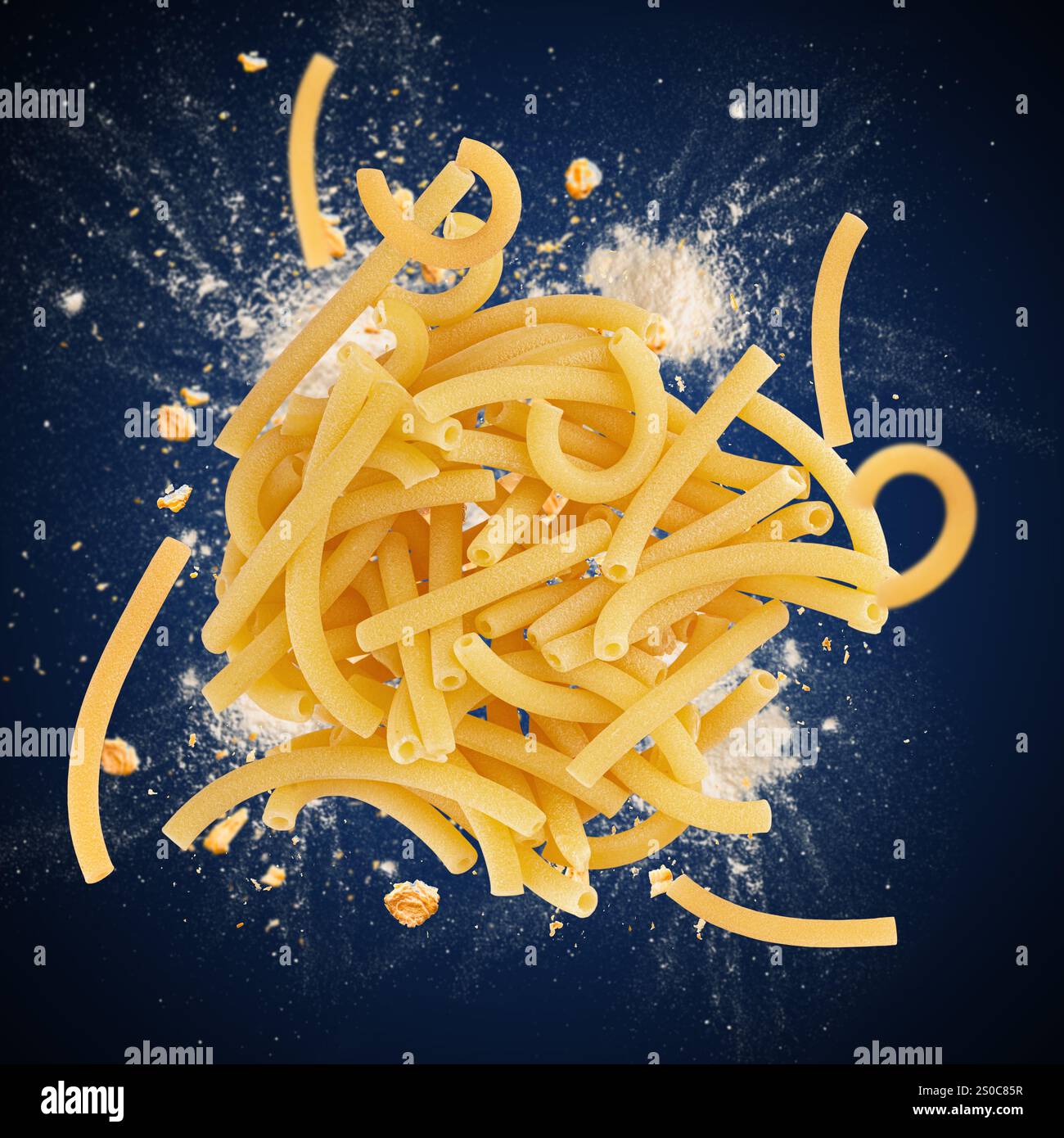 Raw maccheroni lisci pasta exploding on a blue background, creating a ...