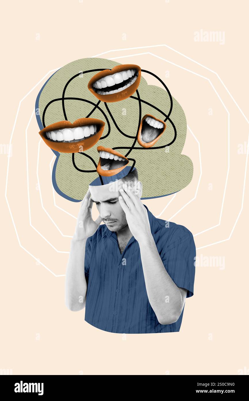 Vertical collage picture young man psychedelic concept mouth face ...