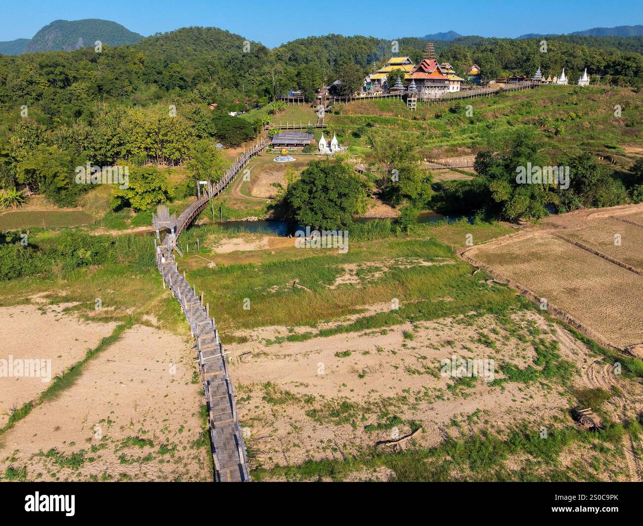 Aerial view of the Bamboo Bridge and Buddhist temple in northern ...