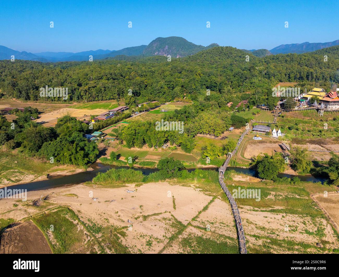 Aerial view of the Bamboo Bridge and Buddhist temple in northern ...