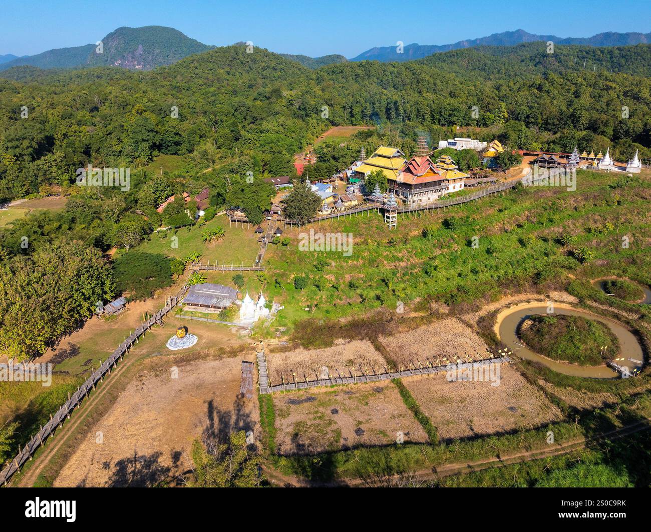 Aerial view of the Bamboo Bridge and Buddhist temple in northern ...