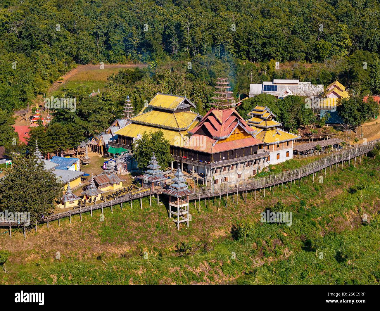 Aerial view of the Bamboo Bridge and Buddhist temple in northern ...