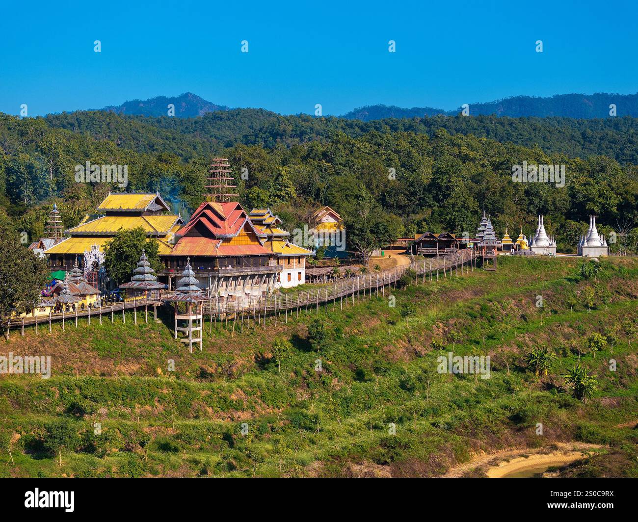 Aerial view of the Bamboo Bridge and Buddhist temple in northern ...