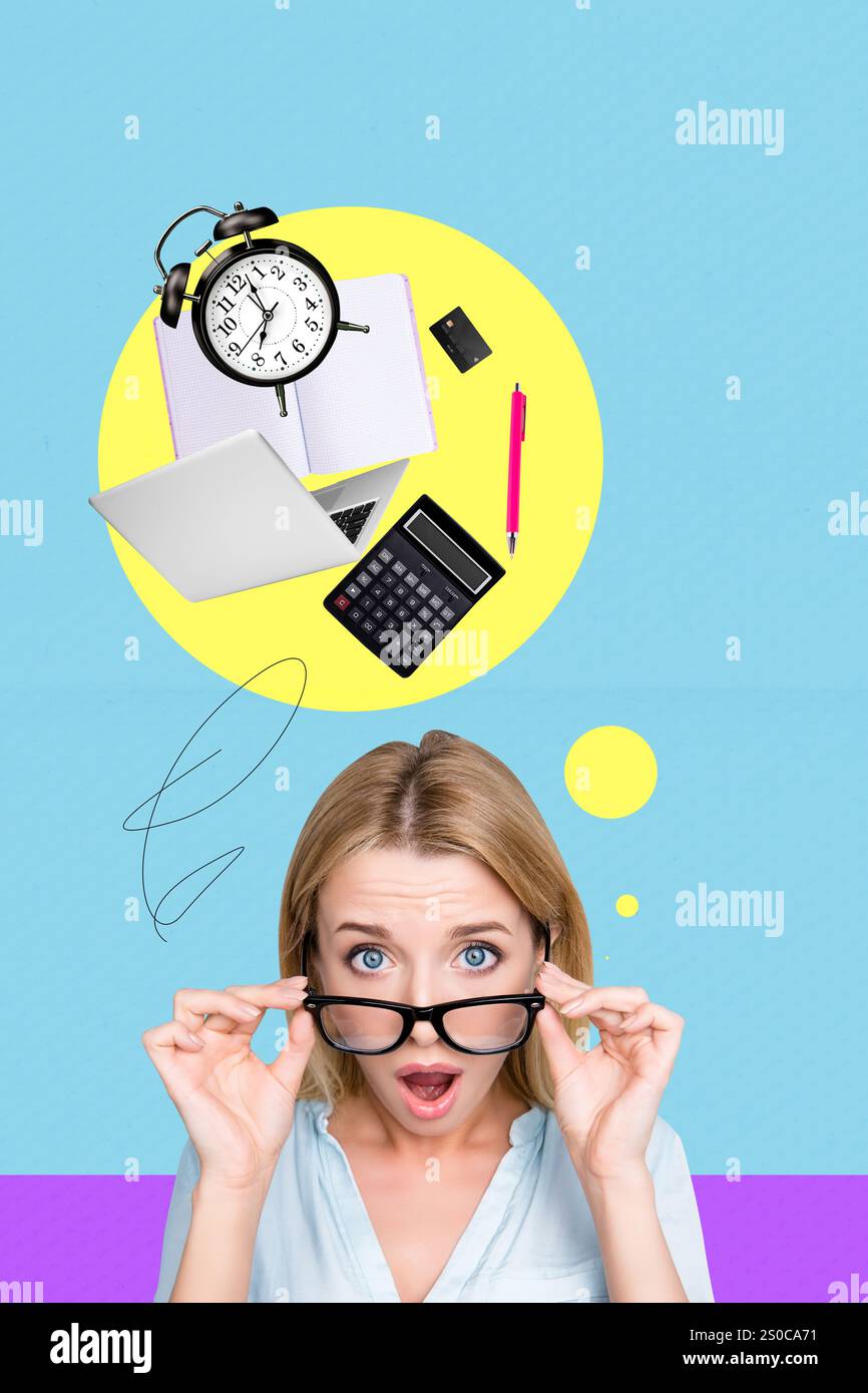 Vertical collage picture young woman shocked impressed reaction work ...