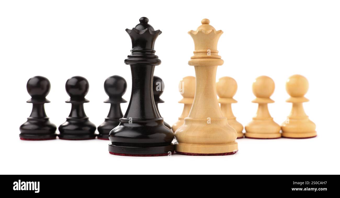 Black and white chess queens in front of pawns on white background ...
