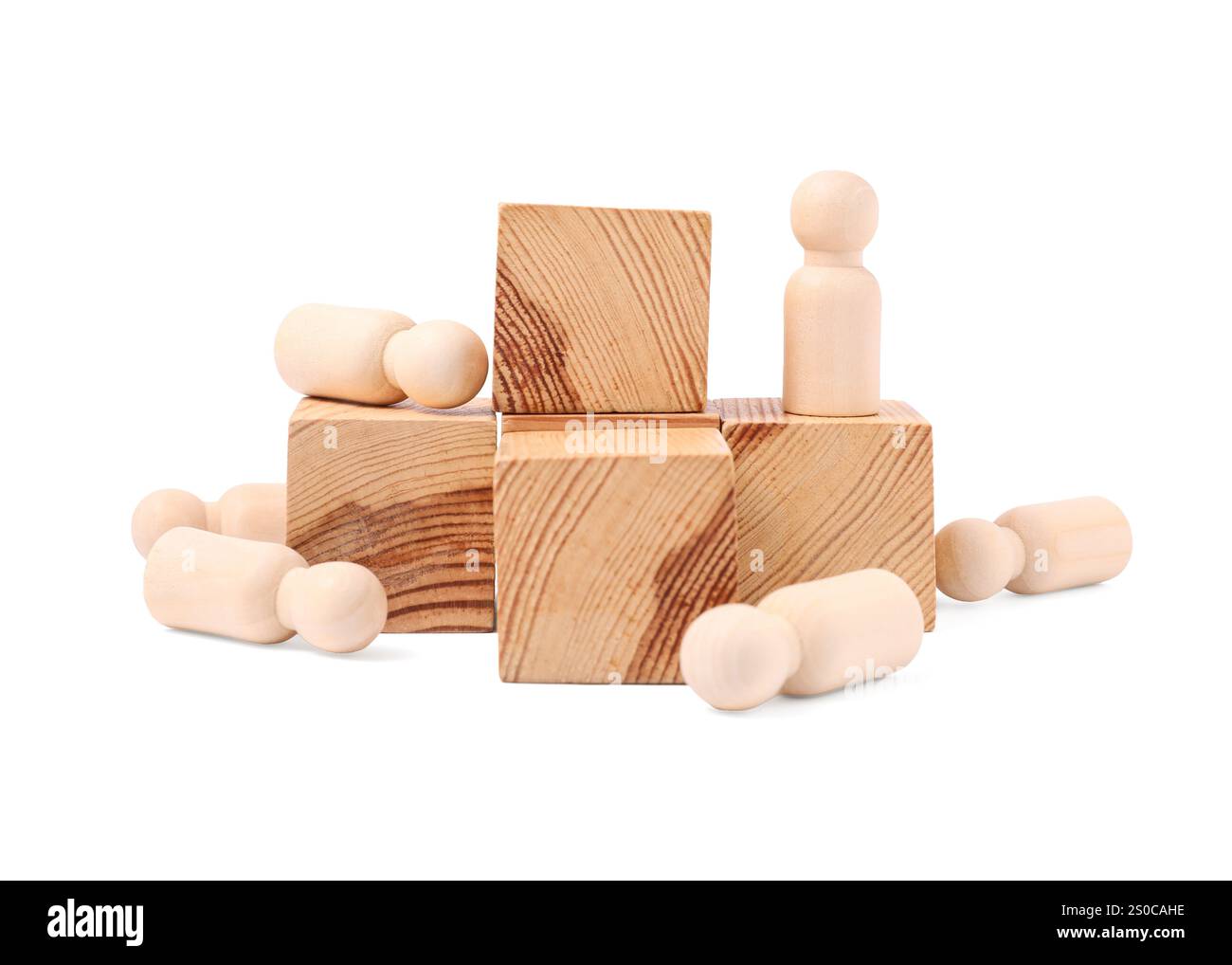 Fallen human figures and wooden blocks on white background. Competition ...