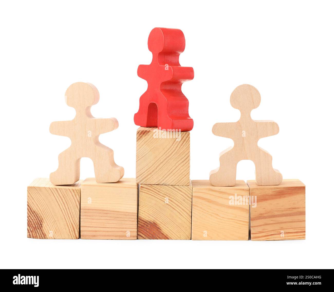 Human figures on wooden blocks, red one on top against white background ...