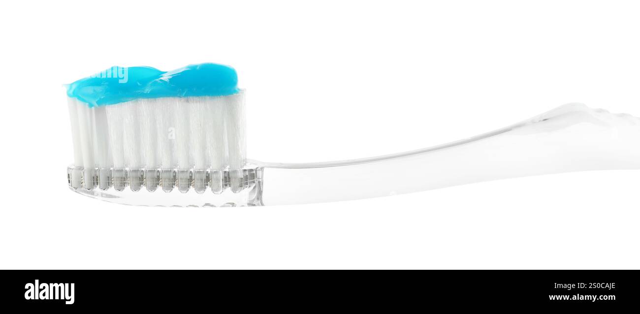 One toothbrush with toothpaste in air isolated on white Stock Photo - Alamy