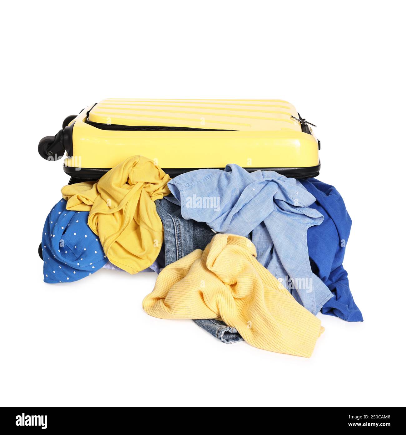 Suitcase full of different messy clothes isolated on white Stock Photo ...