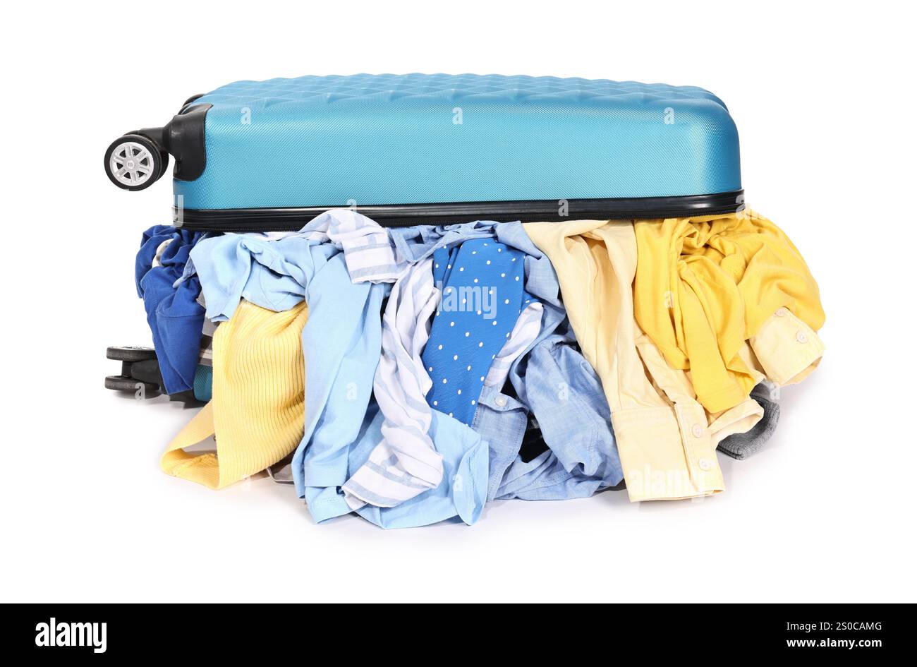 Packed suitcase full of clothes isolated on white Stock Photo - Alamy