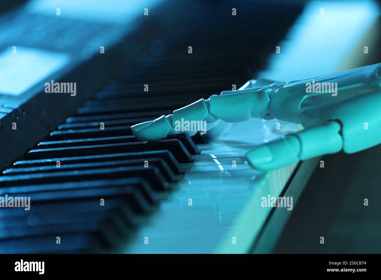 Artificial intelligence. Robot hand playing synthesizer in blue light ...